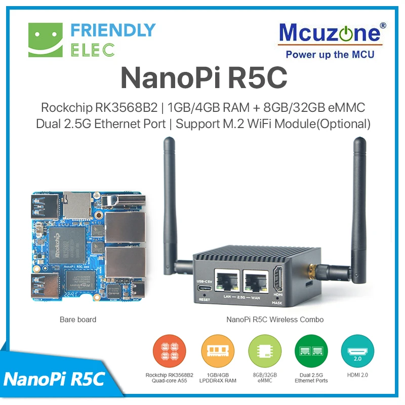 NanoPi R5C Rockchip RK3568B2, 4GB RAM, 32GB eMMC 듀얼 2.5G 이더넷 포트, M.2 WiFi 모듈 지원 (옵션), RTL8822CE