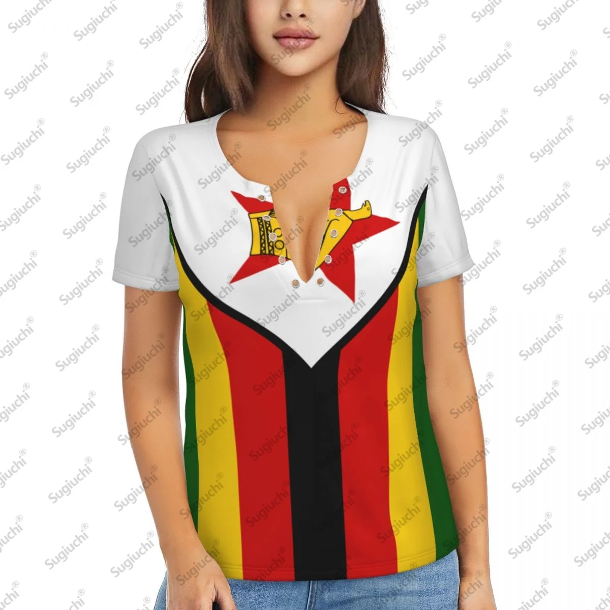 2025 Zimbabwe Flag Sexy Deep V Neck Women 3D Short Sleeve Fashion Tees ...