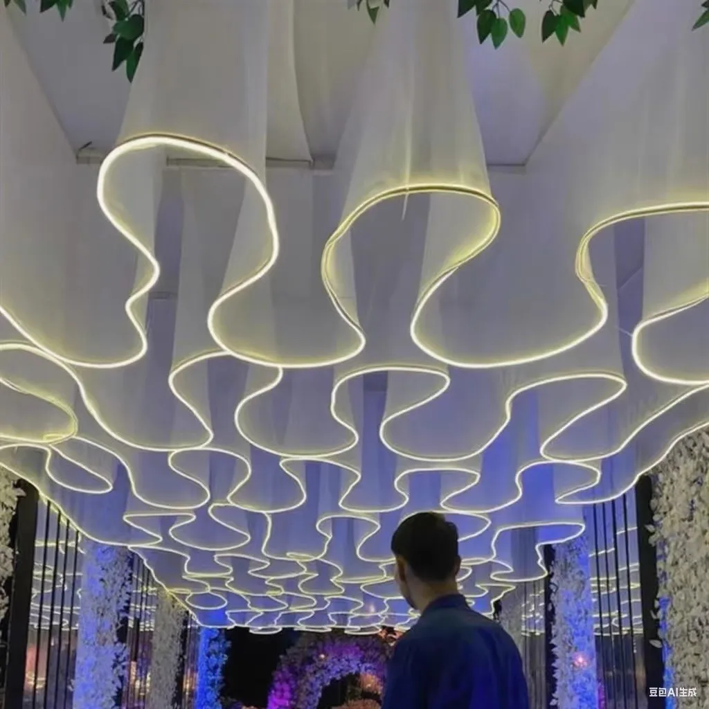 New Styles White Ceiling Decoration Wave Gauze Curtain With Lights ...