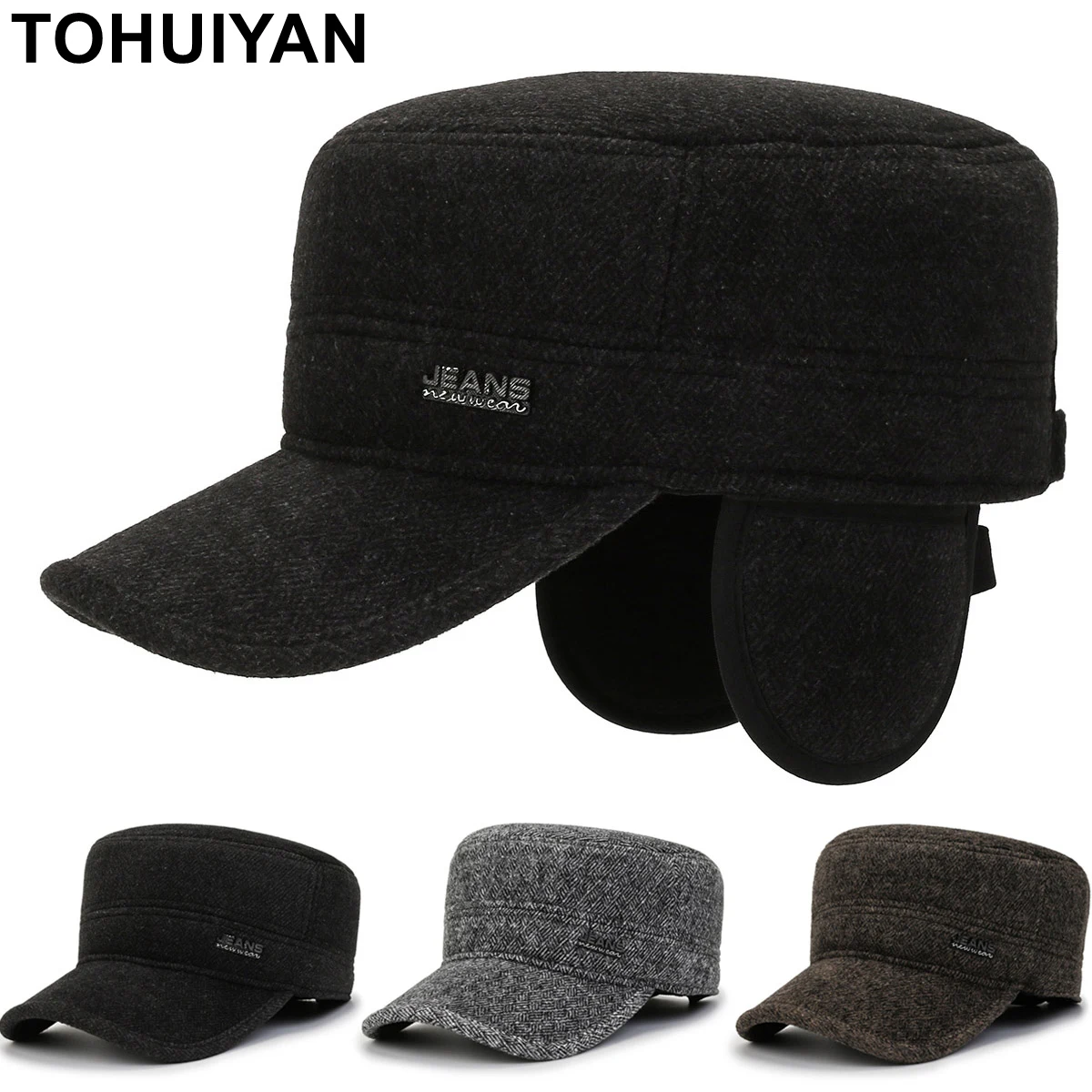 TOHUIYAN Warm Plush Military Hat for Men Winter Thicken Earmuff Cap ...