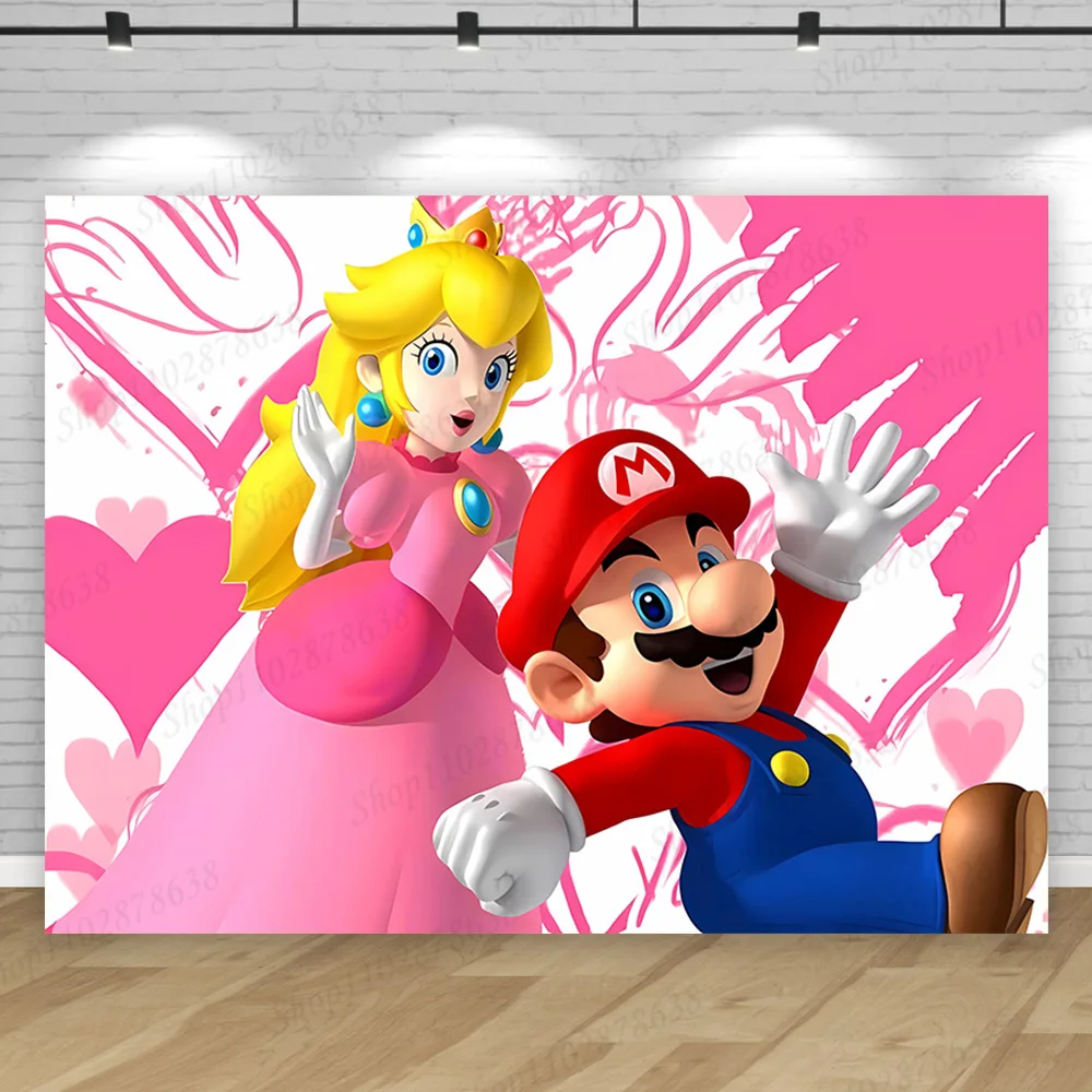 Fondo de fiesta de princesa Peach con decoración de Super Mario rosa ...