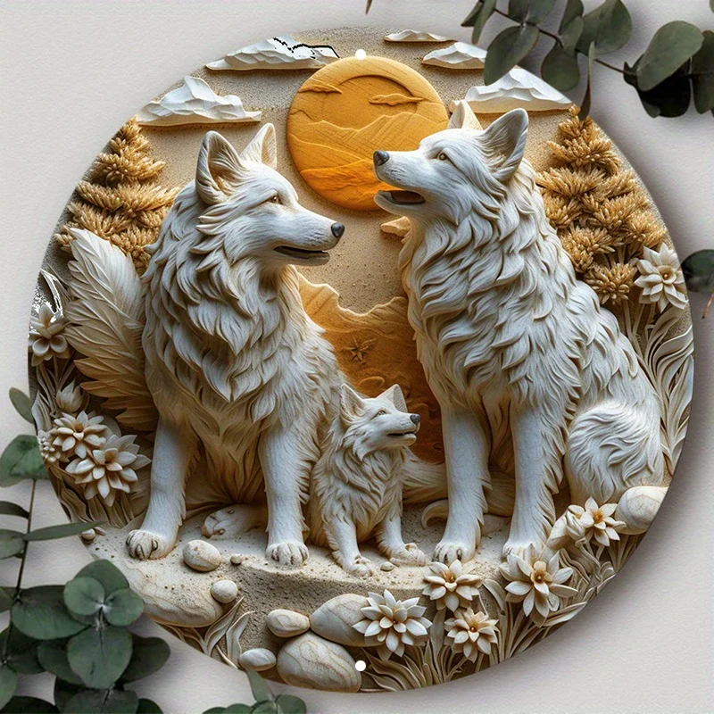 Aluminum-Dog-Family-Wall-Art-3D-Embossed-White-Wreath-with-Wolves-and ...