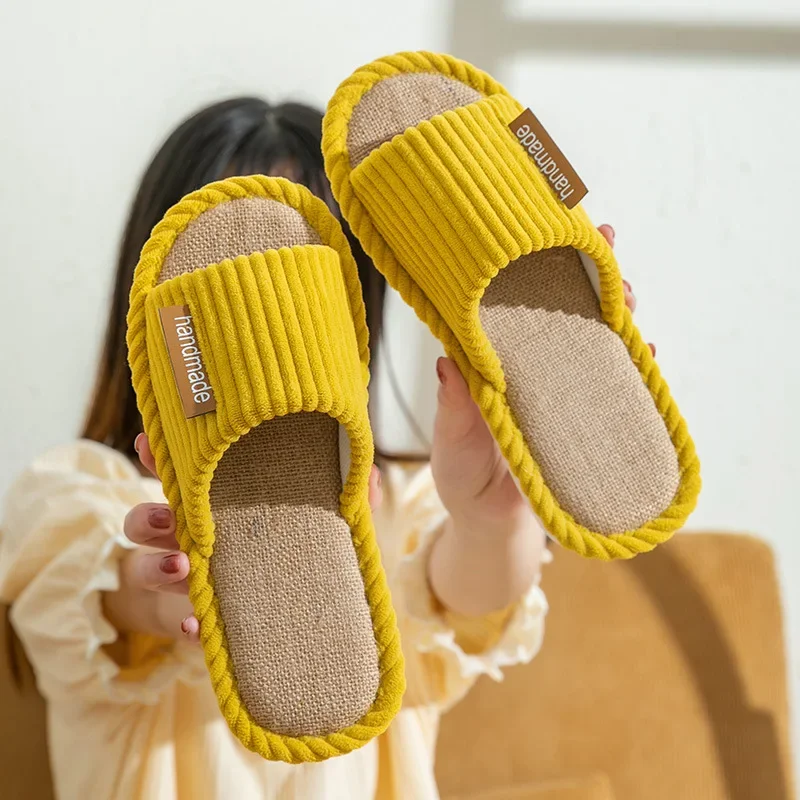 Striped Slippers Women Autumn Home Linen Flip Flops Couples Indoor ...