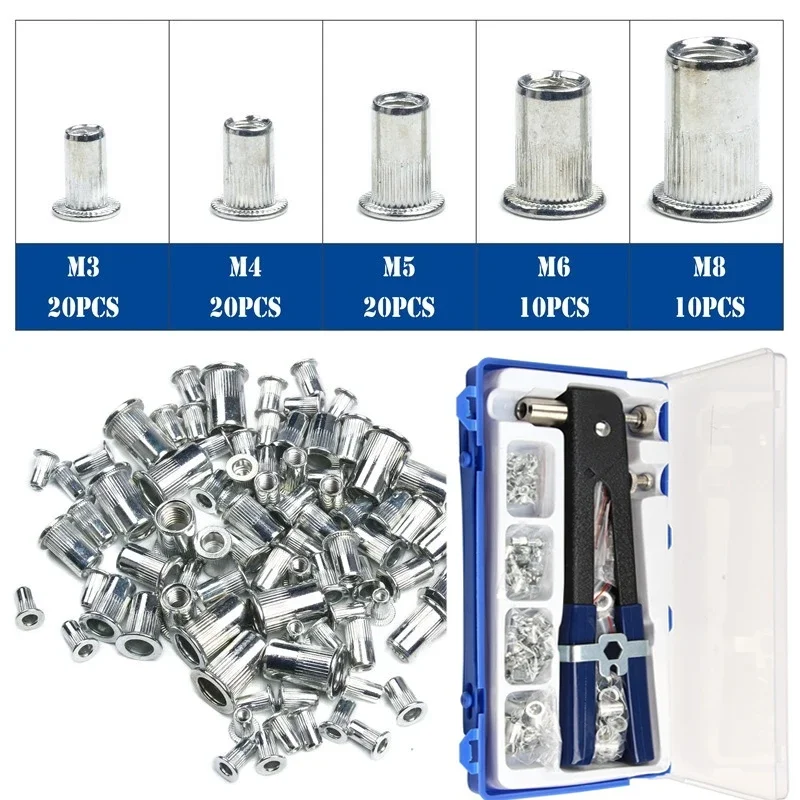 86Pcs-M3-M8-Blind-Hand-Rivet-Nuts-Threaded-Insert-Rivet-Tool-Riveter ...