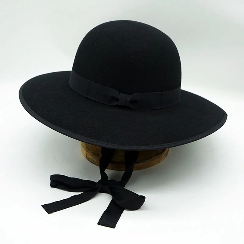 Ladies Wide Brim Round Fedora Hat Lace Up Bowler Hat Black Wool Hat ...