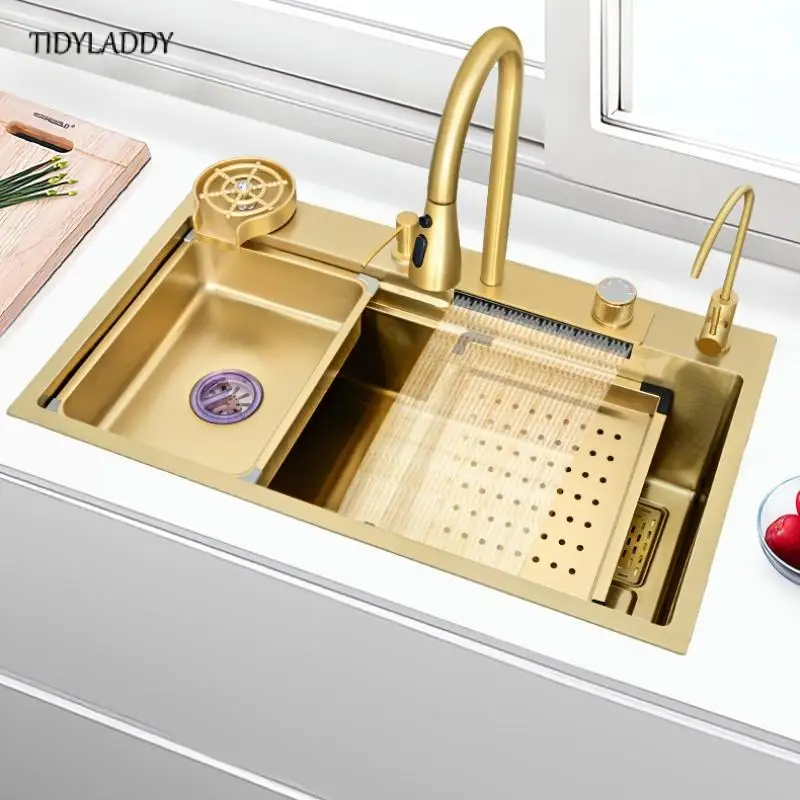 Waterfall-Sink-Kitchen-Stainless-Steel-Topmount-Sink-Golden-Nano-Wash ...