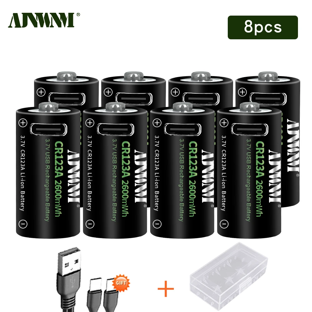 Ajnwnm 充電式リチウムイオン電池,3.7V,16340 mAh,LED懐中電灯用,rcr123,USB Type cケーブル,モデル ...