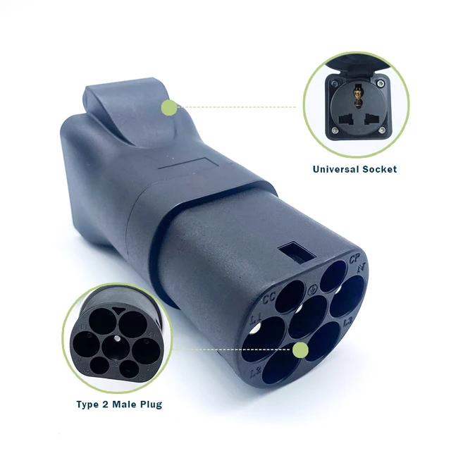 16A Electrical Car EVSE Adapter Portable EV Plug Type 2 To EU 2 Pins Socket