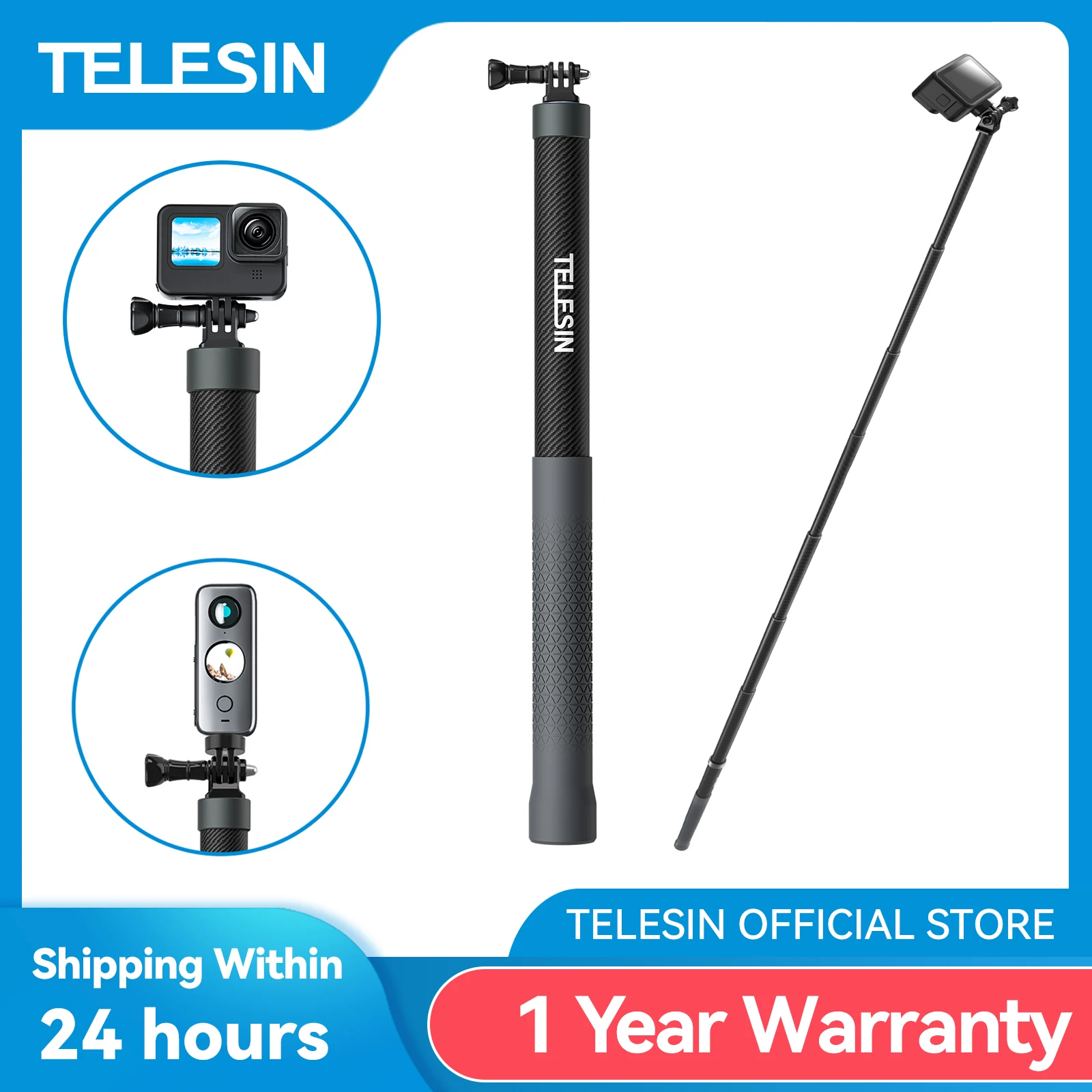 Telesin 1.2m 3m Carbon Fiber Selfie Stick Monopod Extendable With 1/4 ...