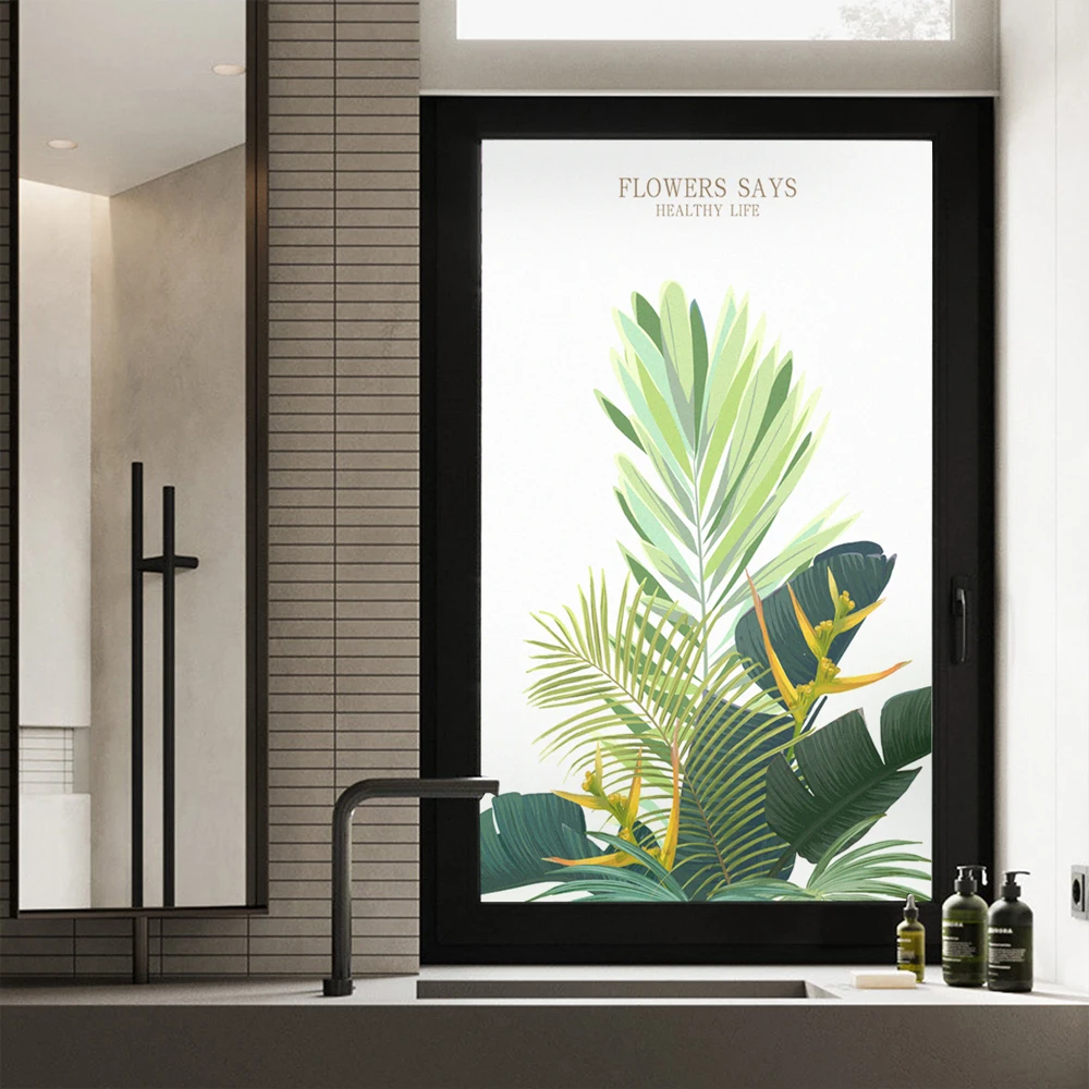 Privacy-Glass-Window-Film-Green-Plant-Pattern-Glue-free-Static-Cling ...