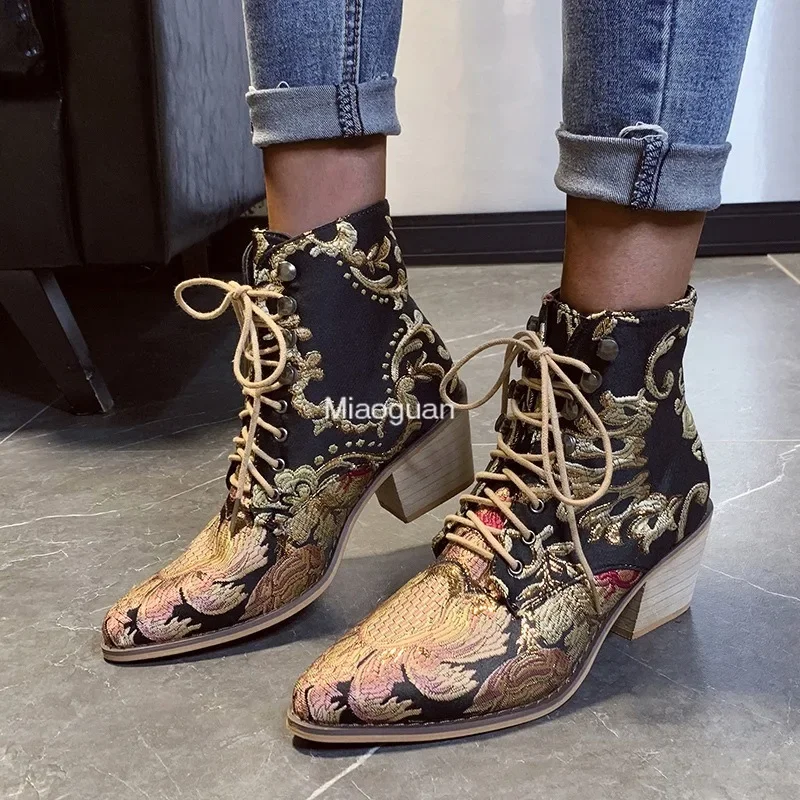 Women‘s Ankle Boots Plus Size Luxury Designer Chinese Style Embroidered ...
