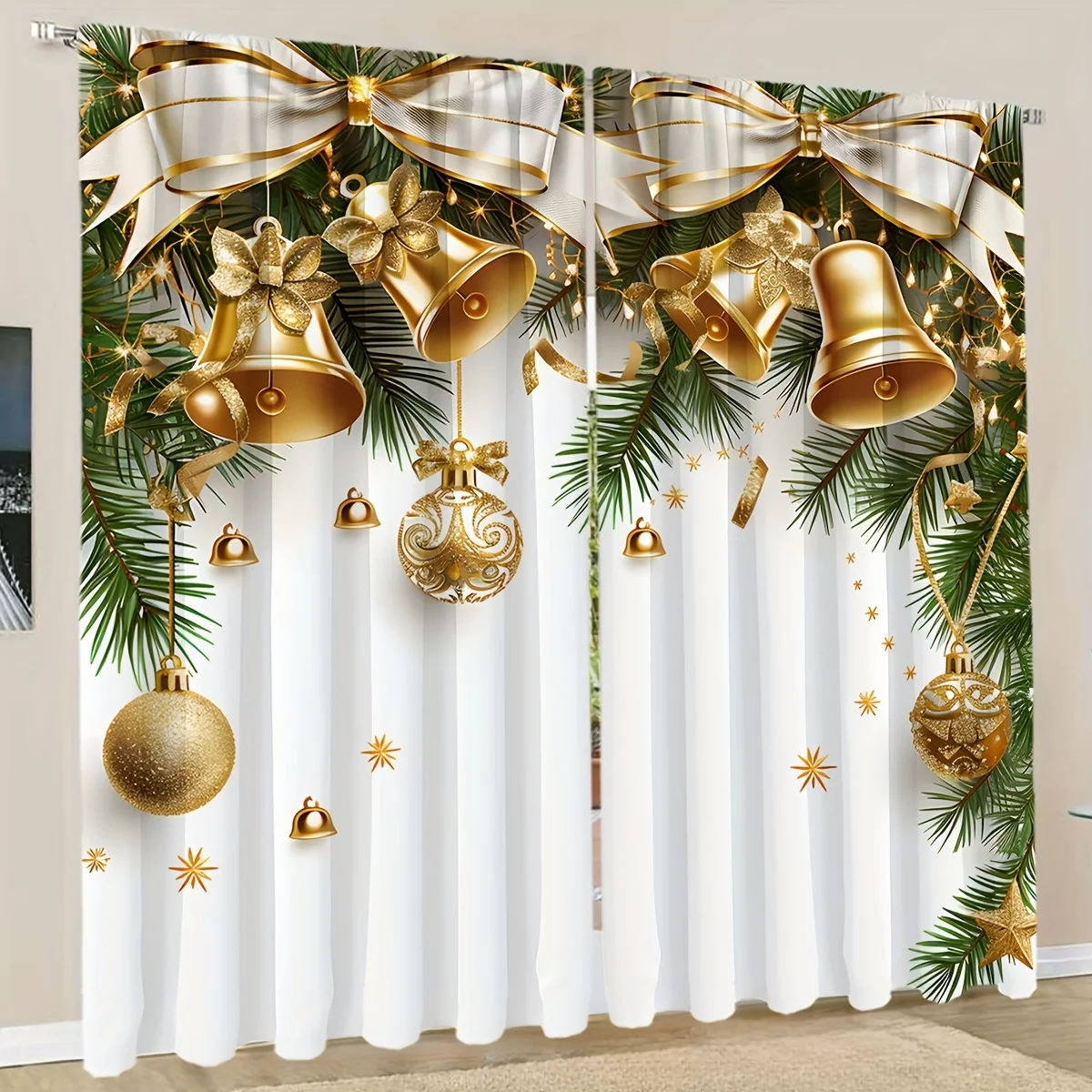 2-Panel-Christmas-Golden-Bell-3D-digital-printed-curtain-Classic-style ...