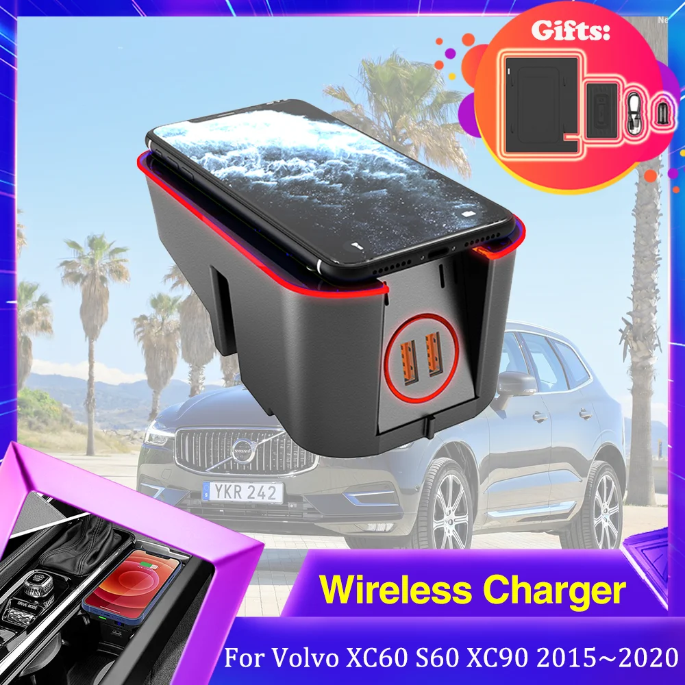 15W 자동차 무선 충전, 전화 충전 패드 플레이트 패널 고속 충전기, 볼보 XC60 S60 V60 XC90 S90 V90 2015 ~ 2021 2016 2017 2018 ...