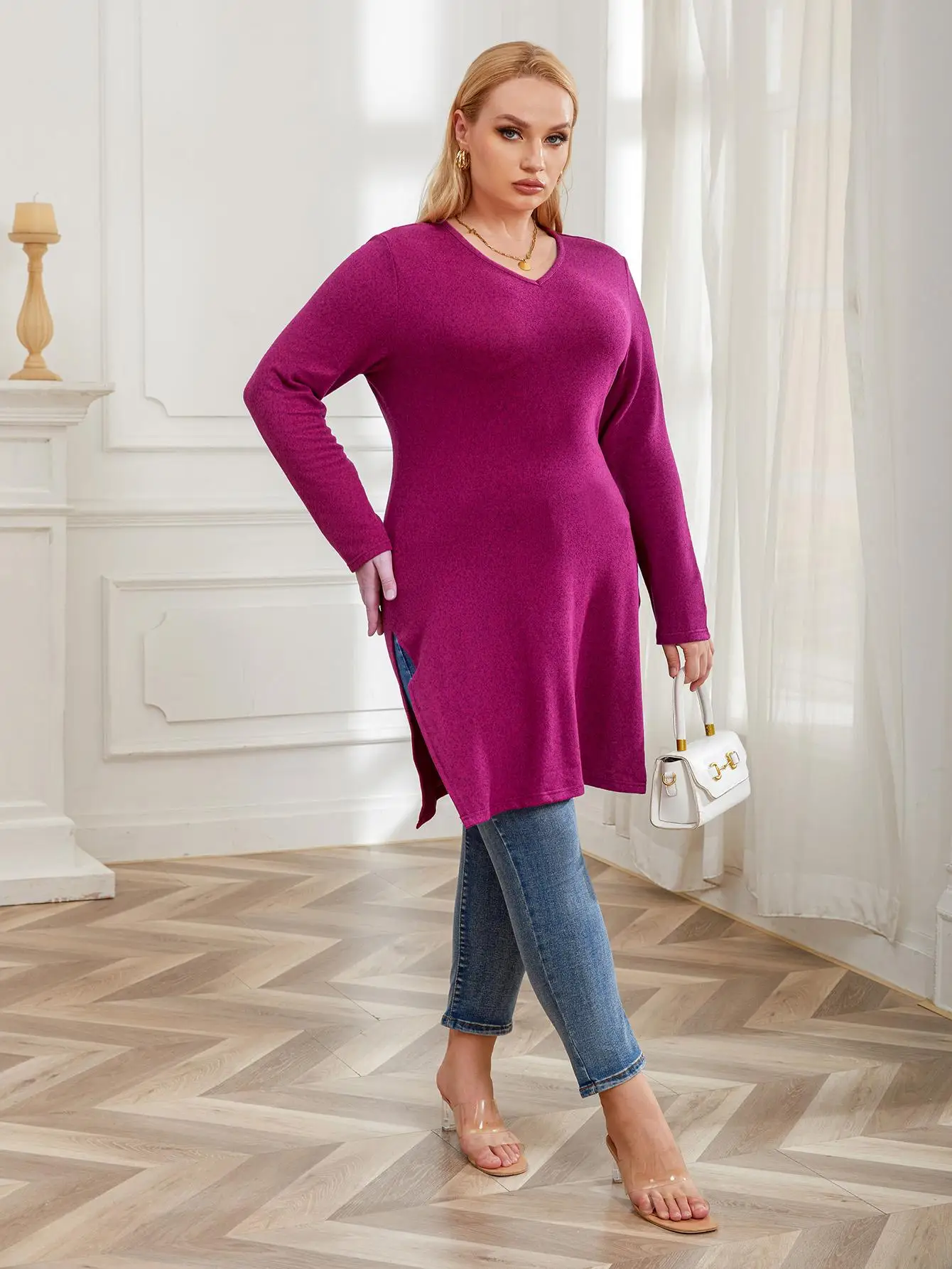 Plus-Size-Women-Sweaters-Side-Split-Top-Knitted-Solid-Color-Jumpers ...