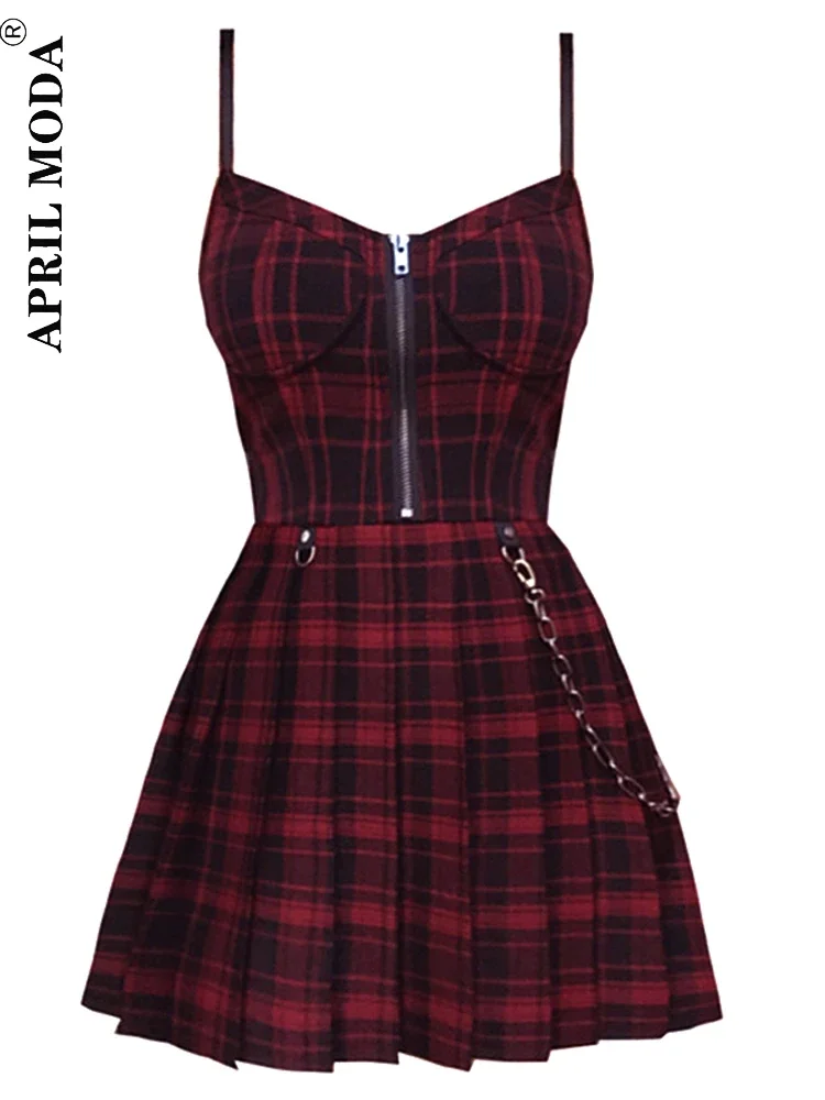 Gothic-Girls-Red-Plaid-Pleated-Emo-Alt-Dress-Y2K-Zip-Up-Robe-Femme-Punk ...