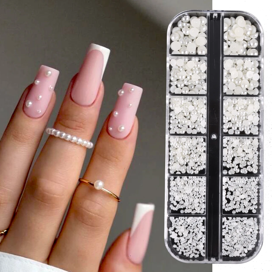 1Box-3D-Pearls-White-Nail-Flatback-Beads-Rhinestone-Mix-Sizes-Nail-Tips ...