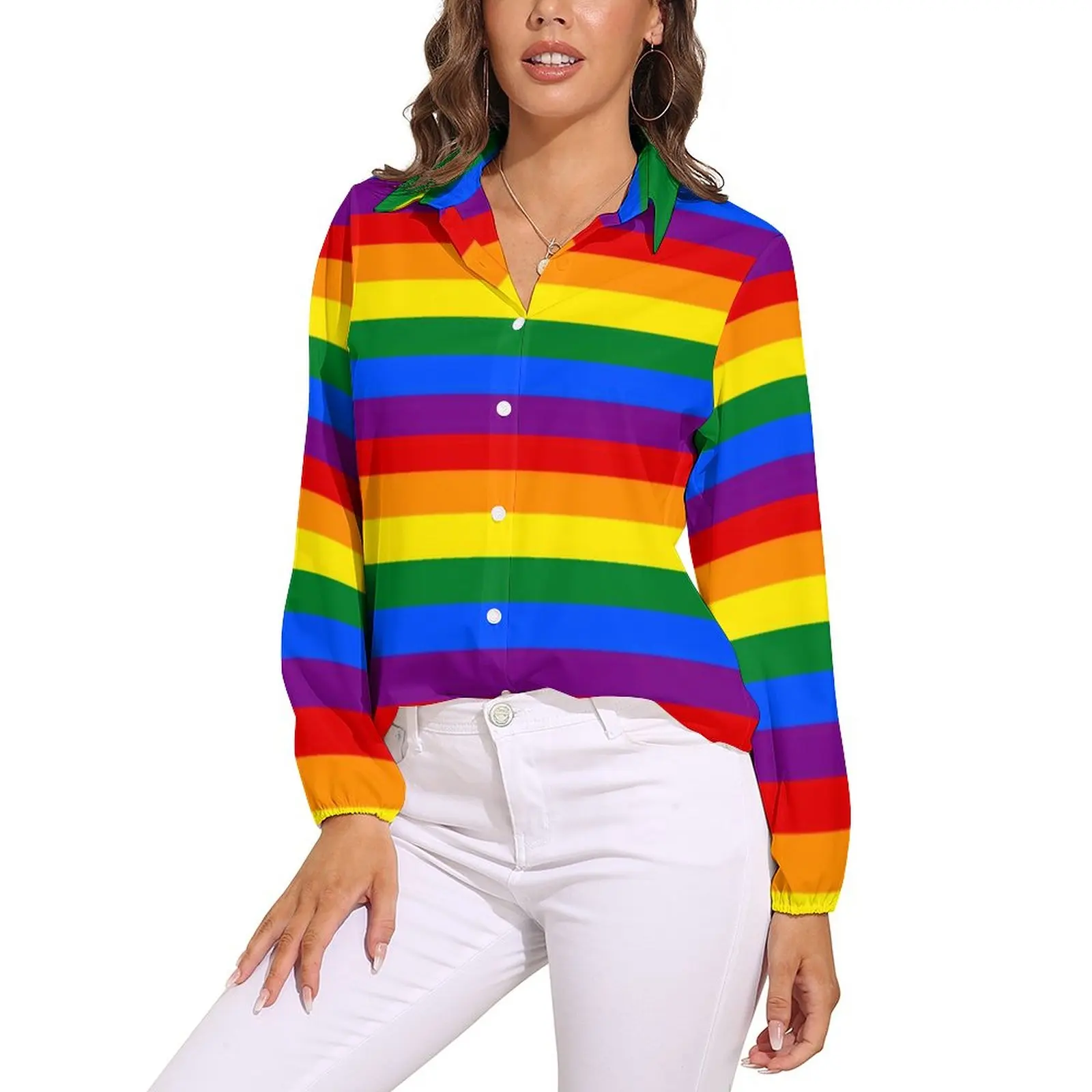 Classic Rainbow Print Blouse Womens Colorful Stripes Casual Loose ...