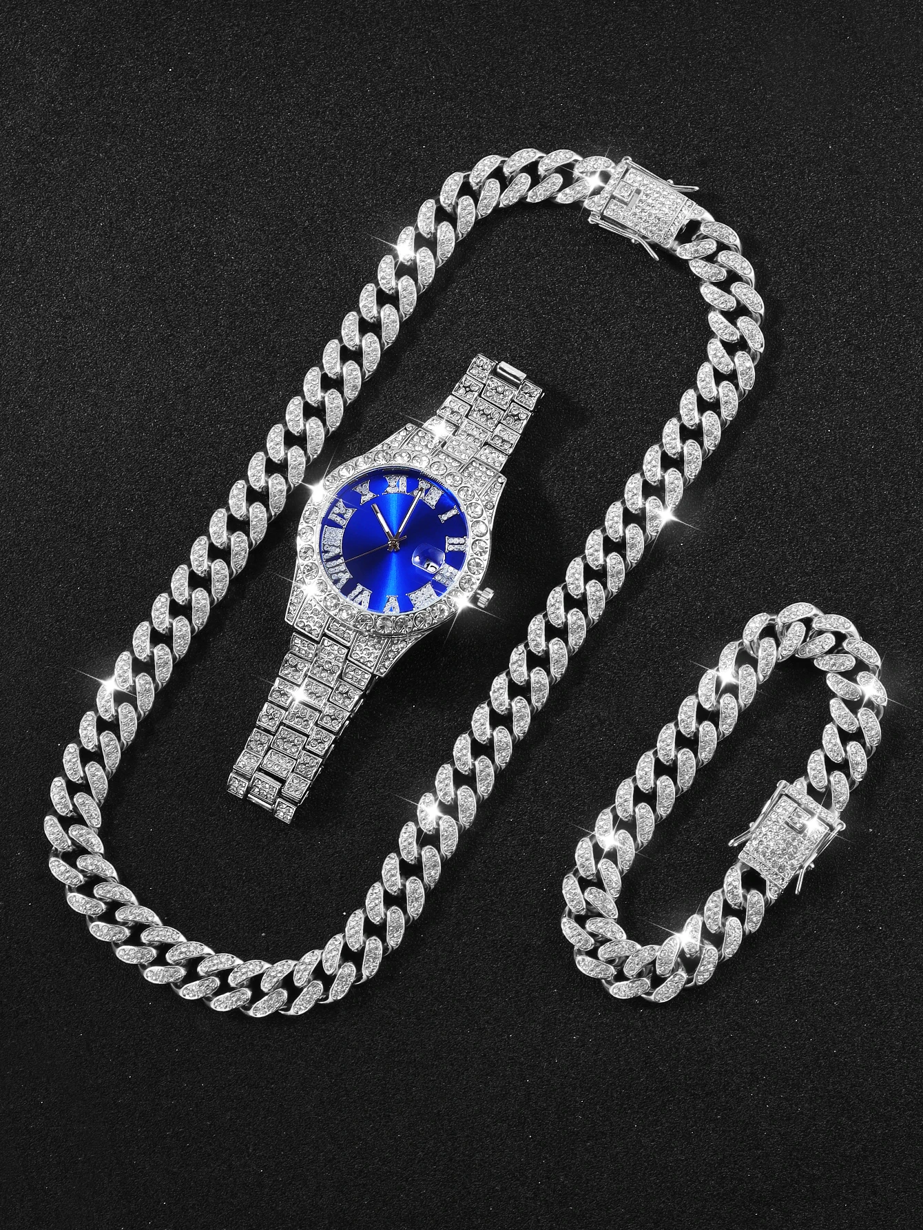 3pcs-Fashion-rhinestone-watch-Hip-Hop-Cuban-Necklace-bracelet-Rapper ...