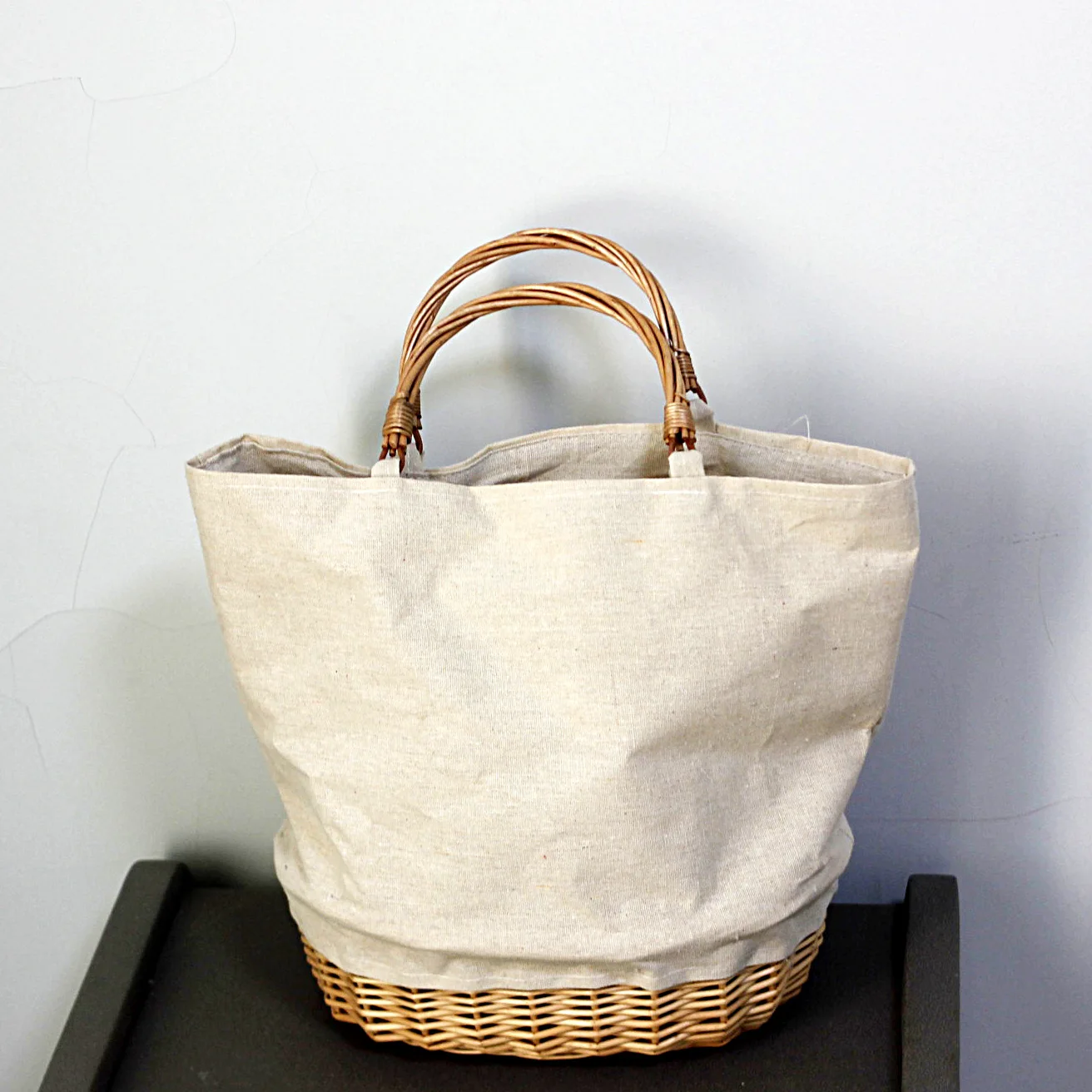Wicker Woven Basket Bag Linen Patchwork Woman Handbag Handmade Rattan ...