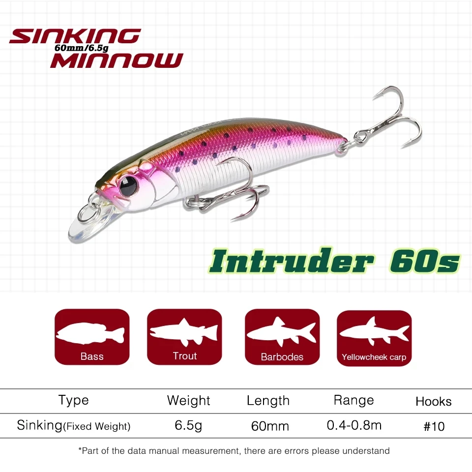 TSURINOYA-60mm-6-5g-Sinking-Minnow-INTRUDER-60S-Artificial-Fishing-Lure ...