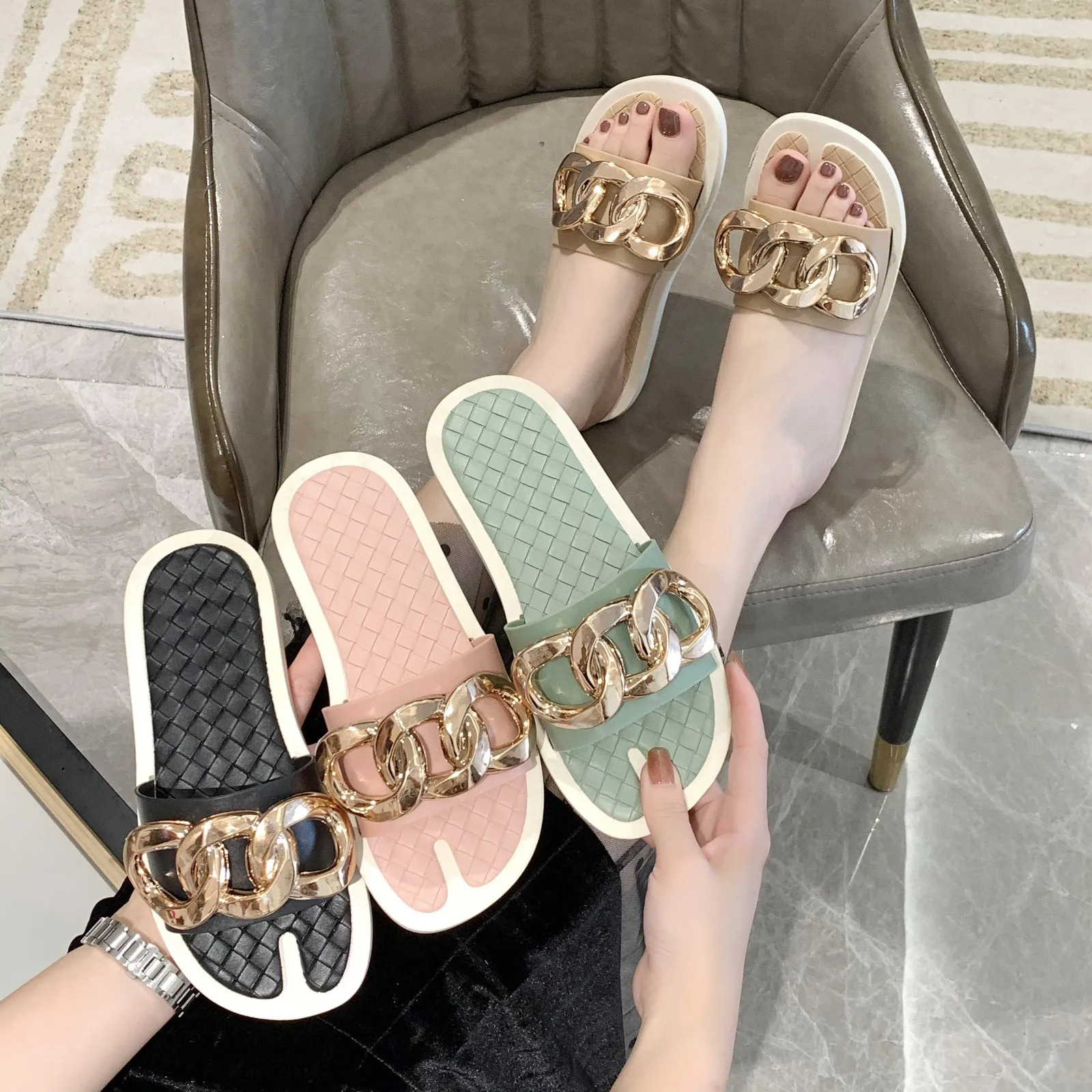 Metal Buckle Flat Slippers Fashion Shoes Open Toe Summer Slipper Women ...