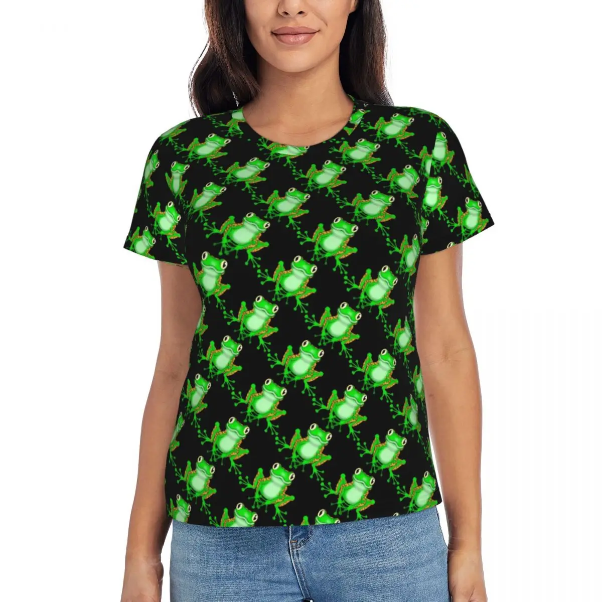 Woman-T-Shirt-Summer-Funny-Frog-Tee-Shirt-Green-Animal-Print-Kawaii-Y2K ...