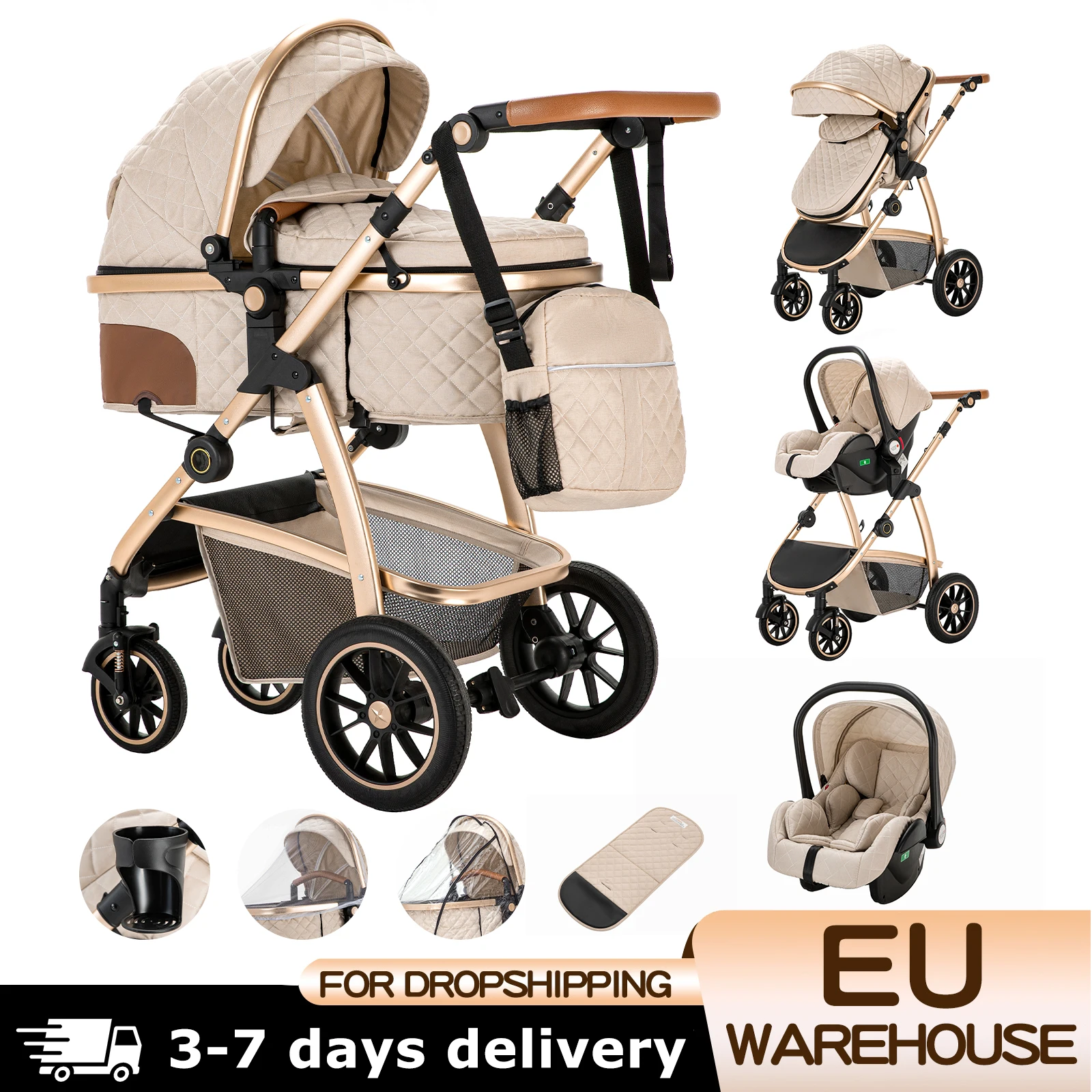 3 in 1 Prams Travel System Pushchair with Height Adjustable Handle ...