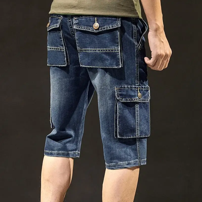 Men's Short Jeans Pants Blue Straight Cargo with Pockets Male Half ...