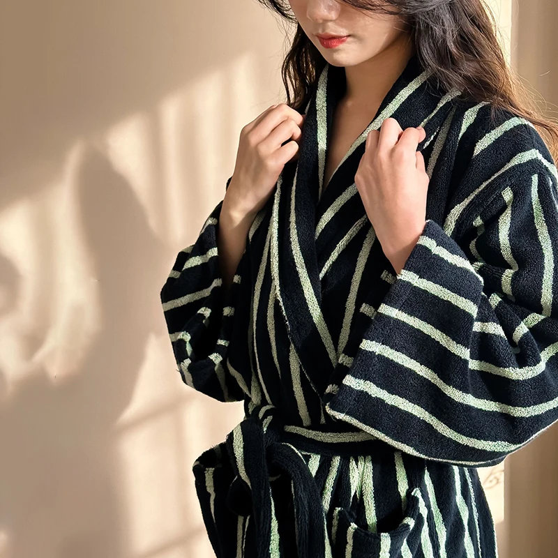 Brand-Luxurious-Towels-Plaid-Retro-Striped-Cotton-Bathrobe-Women-Robe ...