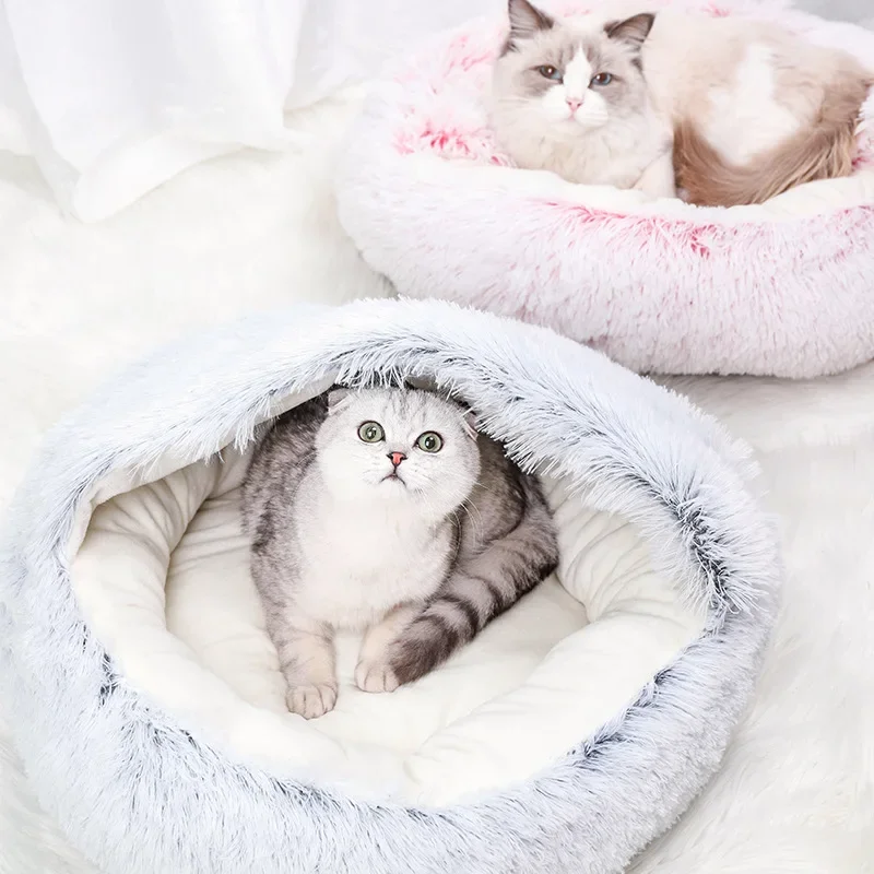 Winter-Long-Plush-Pet-Cat-Bed-Round-Cushion-House-2-In-1-Warm-Basket ...