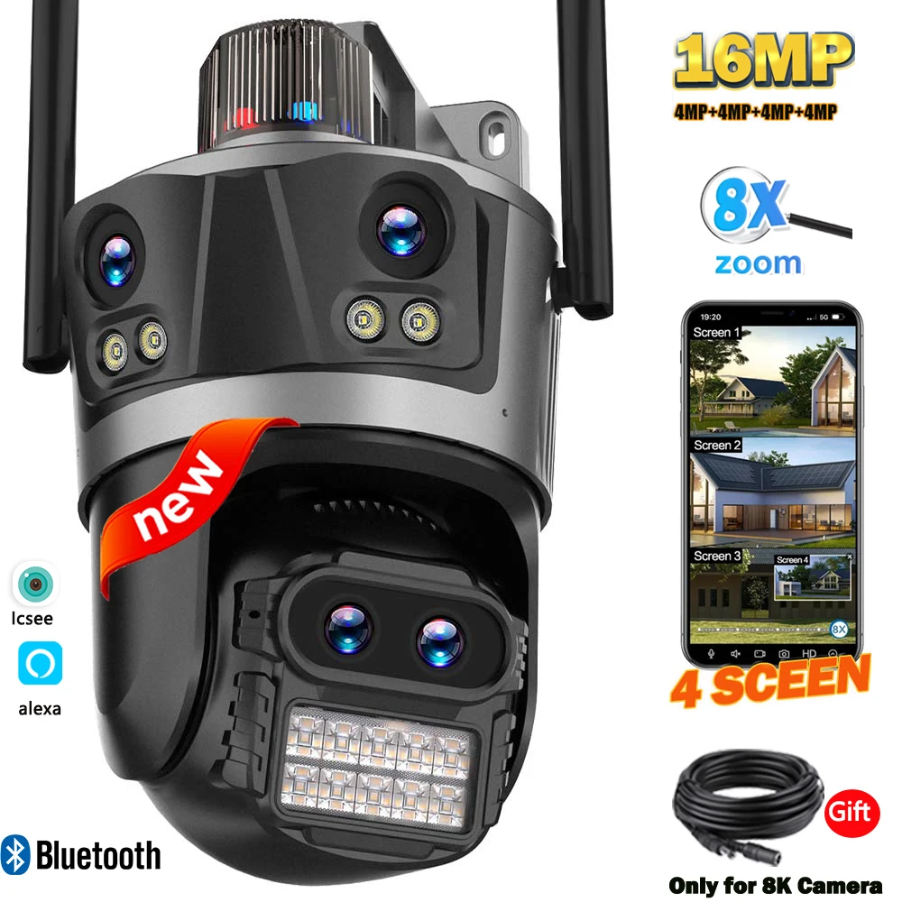 8K 16MP WiFi Camera Outdoor Four Lens Four Screen Security CCTV Camera ...