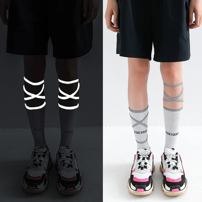 Women Fluorescent Reflective Crisscross Bandage Calf Socks Harajuku ...