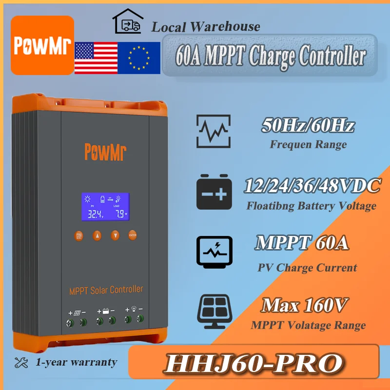 Controlador de Carga Solar PowMr MPPT 60A, Máx. 160V, Automático 12V ...