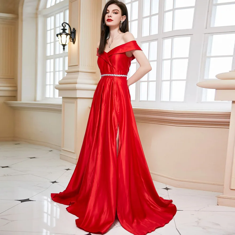 Women's Fashion Off Shoulder A-Line Prom Sexy Backless High Slit Satin Wedding Guest Dress