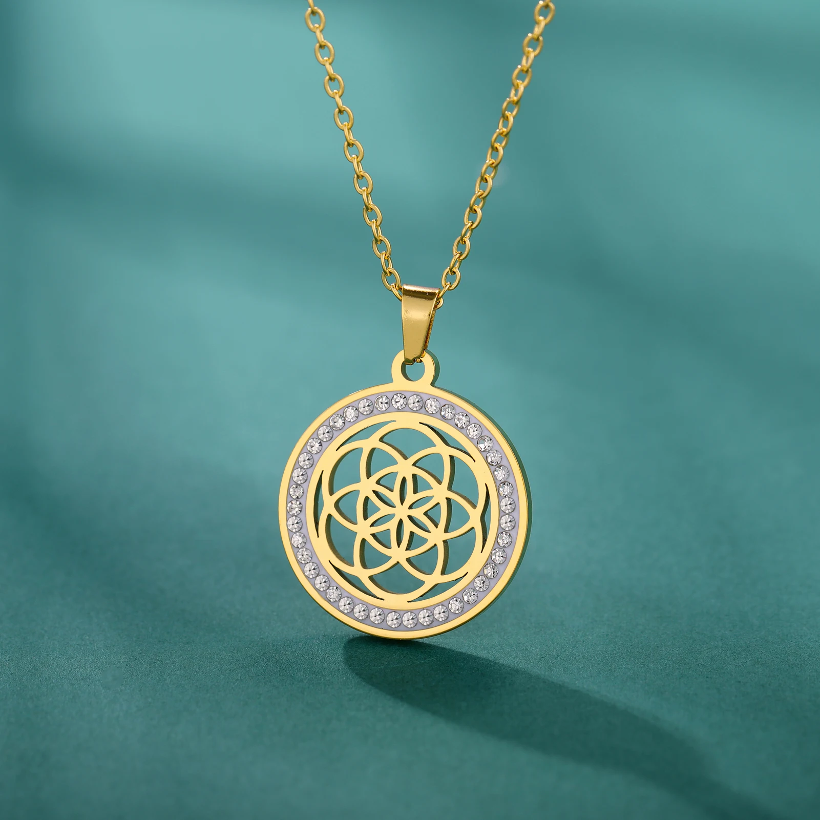 Skyrim Flower Seed of Life Necklaces Women Stainless Steel Clear Zircon ...