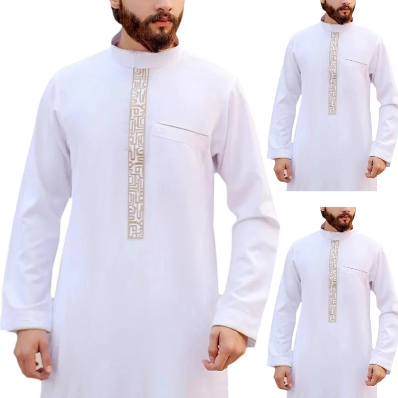 Mens-Long-Sleeve-Kaftan-Arab-Robe-Stand-Collar-Muslim-Robe-Crew-Neck ...