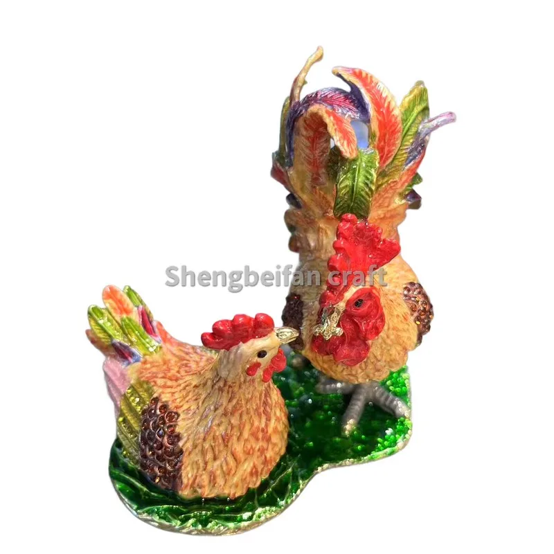 Metal Craft Enamel Ornament Rooster and Hen Jewelry Box Trinket ...