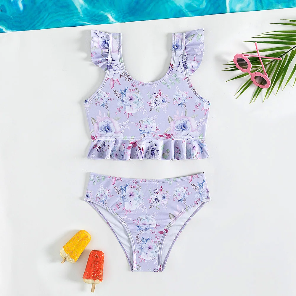 Girls-two-piece-Swimwear-Floral-Print-purple-Bikini-Set-Ruffles-Fly ...