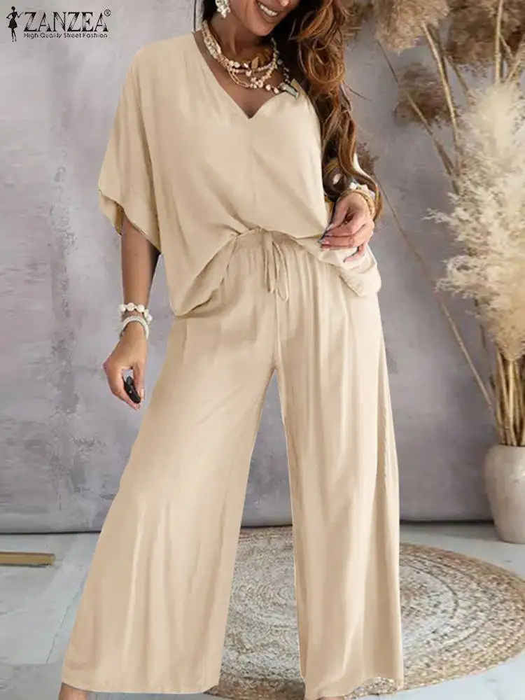 ZANZEA-Women-Casual-Pant-Sets-Summer-Loose-Half-Sleeve-Top-2pcs-Outfit ...