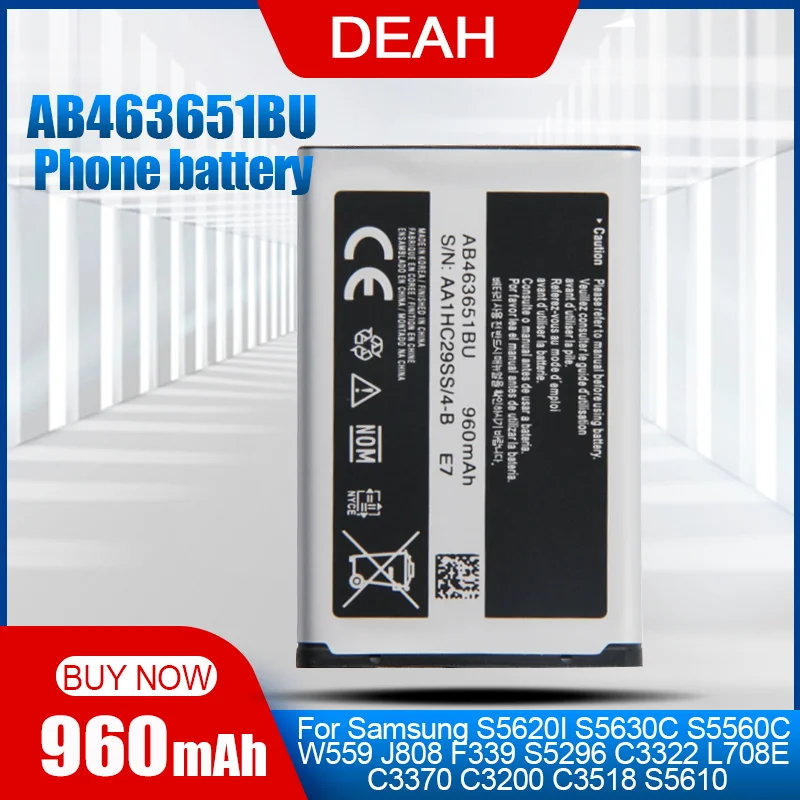 960mAh AB463651BU Mobile Phone Battery For Samsung S5620I S5630C S5560C ...