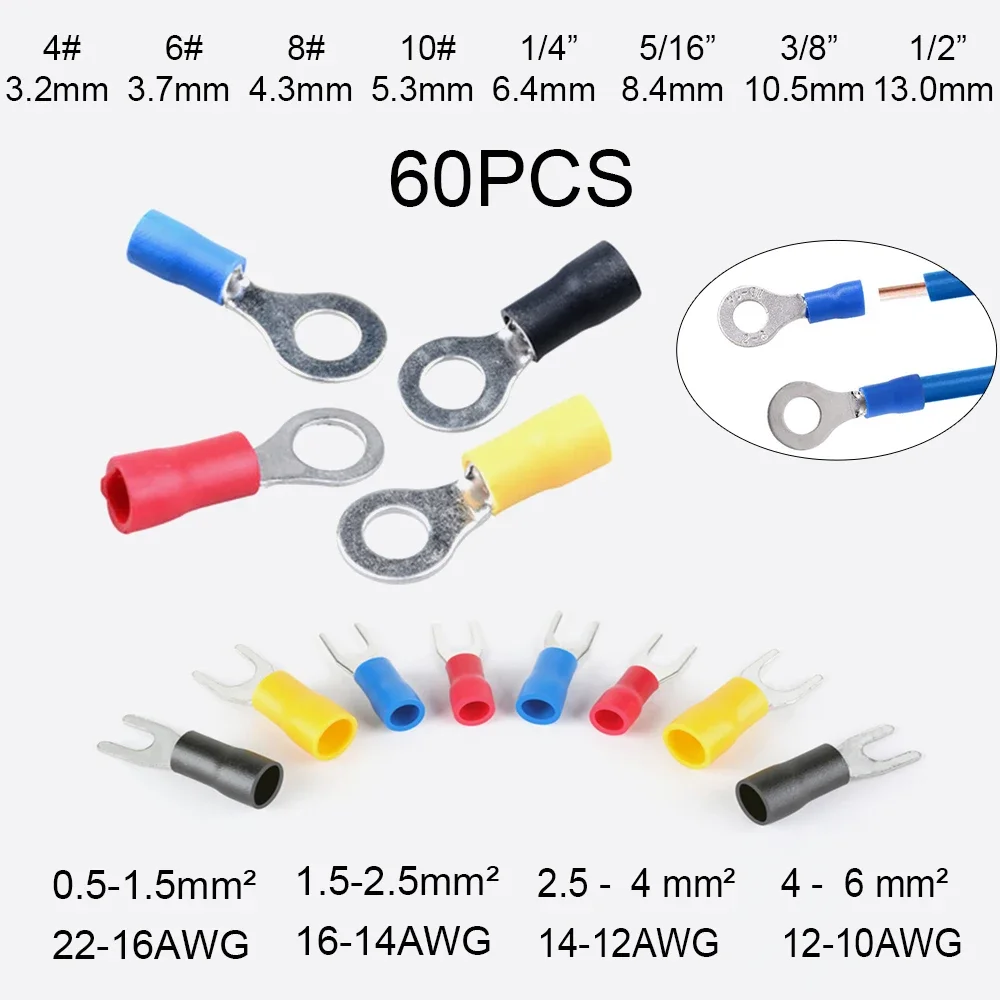 60Pcs-Ring-Terminals-Crimp-Connector-Wire-Terminal-Cable-Electric ...