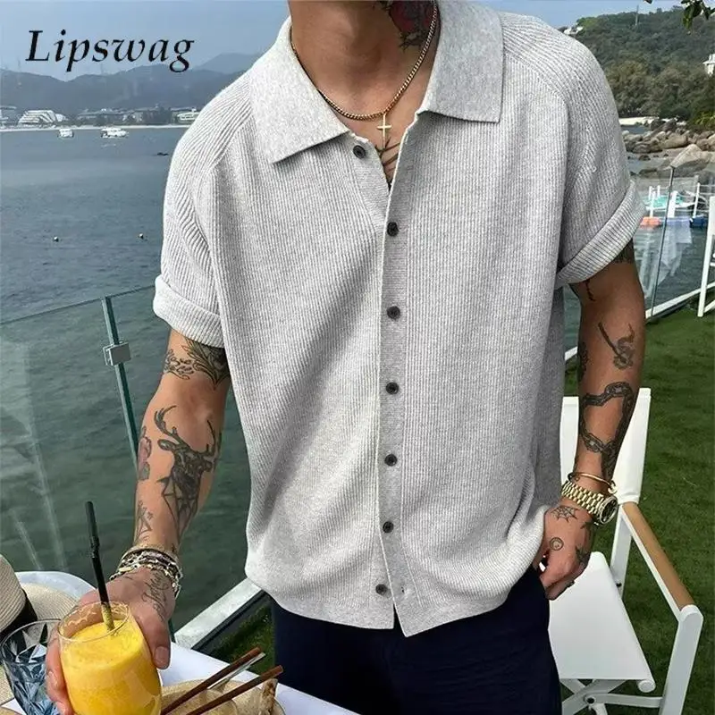 Vintage Solid Color Knitted Shirt Mens Summer Daily Casual Breathable ...