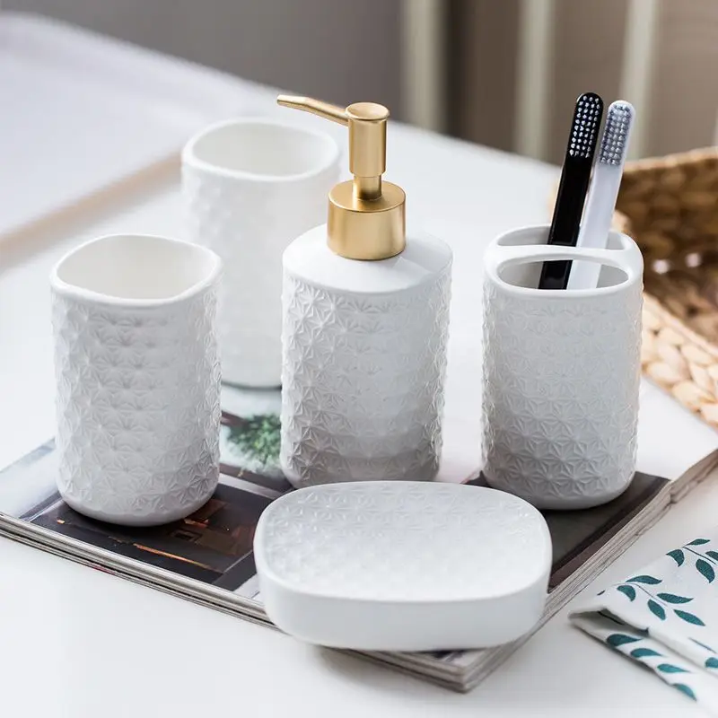 White-Ceramic-Bathroom-Five-piece-Set-of-Simple-Relief-Pattern ...