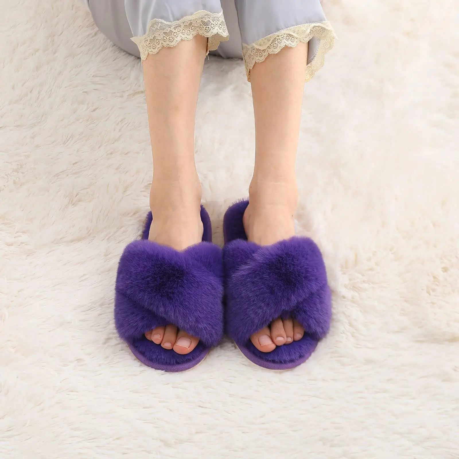 Eyriphy Women Slippers Warm Slippers Faux Fur Bedroom Slides Fluffy ...