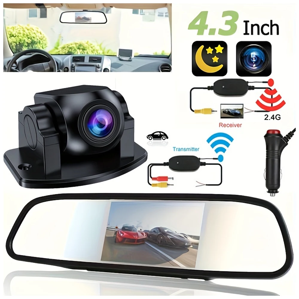 Wireless-4-3-inch-Rear-View-Mirror-Monitor-Car-Backup-Camera-Kit-Night ...