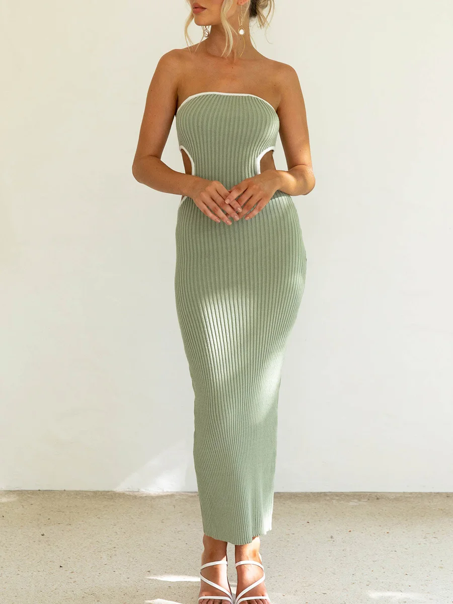 Elegant-Women-s-Bodycon-Tube-Dress-Sexy-Strapless-Side-Cutout-Contrast ...
