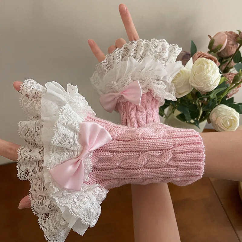 Women Fake Sleeve Knitted Ruffles Cuffs Lolita Black White False ...