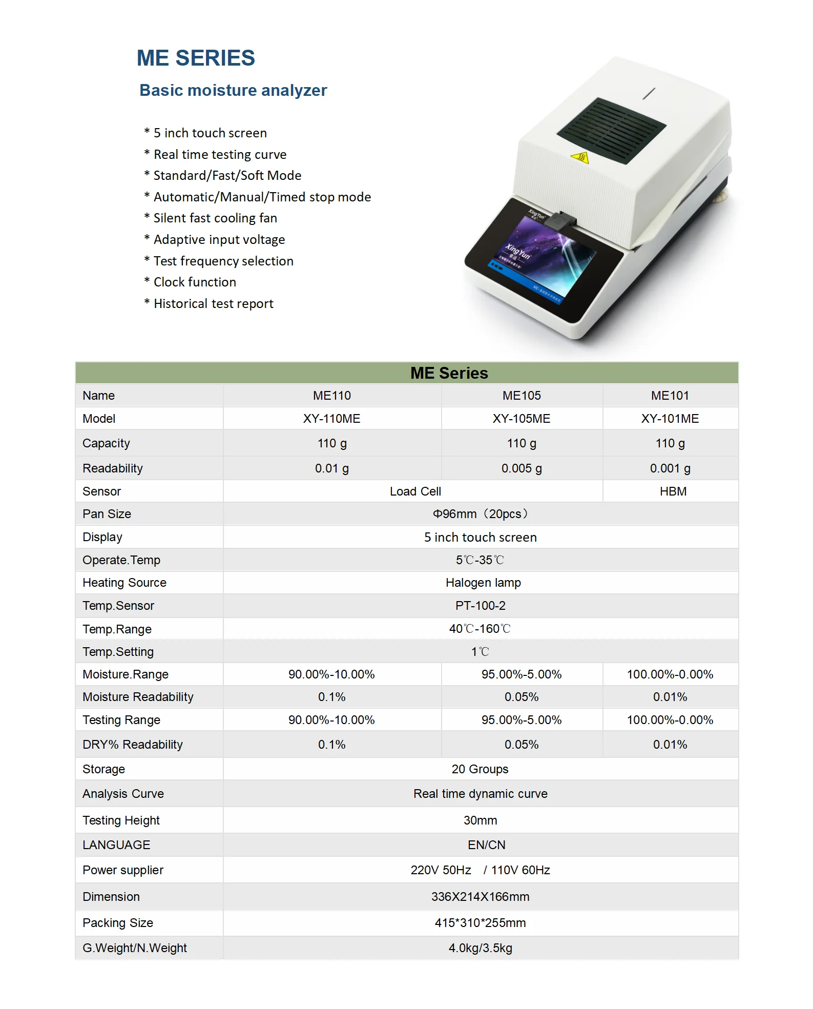 Halogen Moisture Analyzer 110g Capacity Touchscreen Display