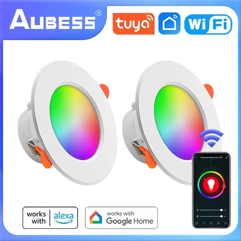 Aubess 220V 110V Dimmable RGB Lamp WiFi Tuya Control 10W 15W Round Light Compatible Colorful ...