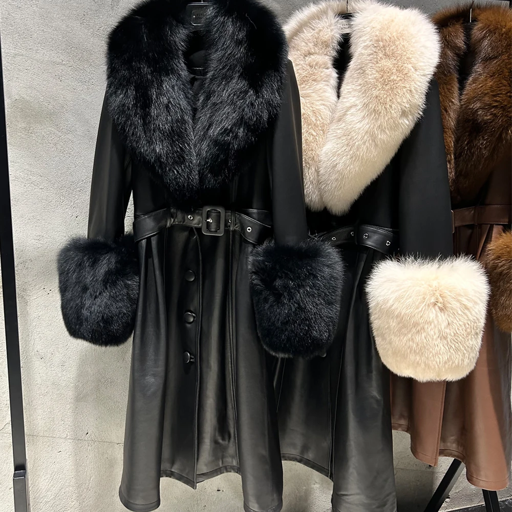 Woman-Long-Coat-with-Fur-Collar-Black-Long-Leather-Coat-Trench-Long ...